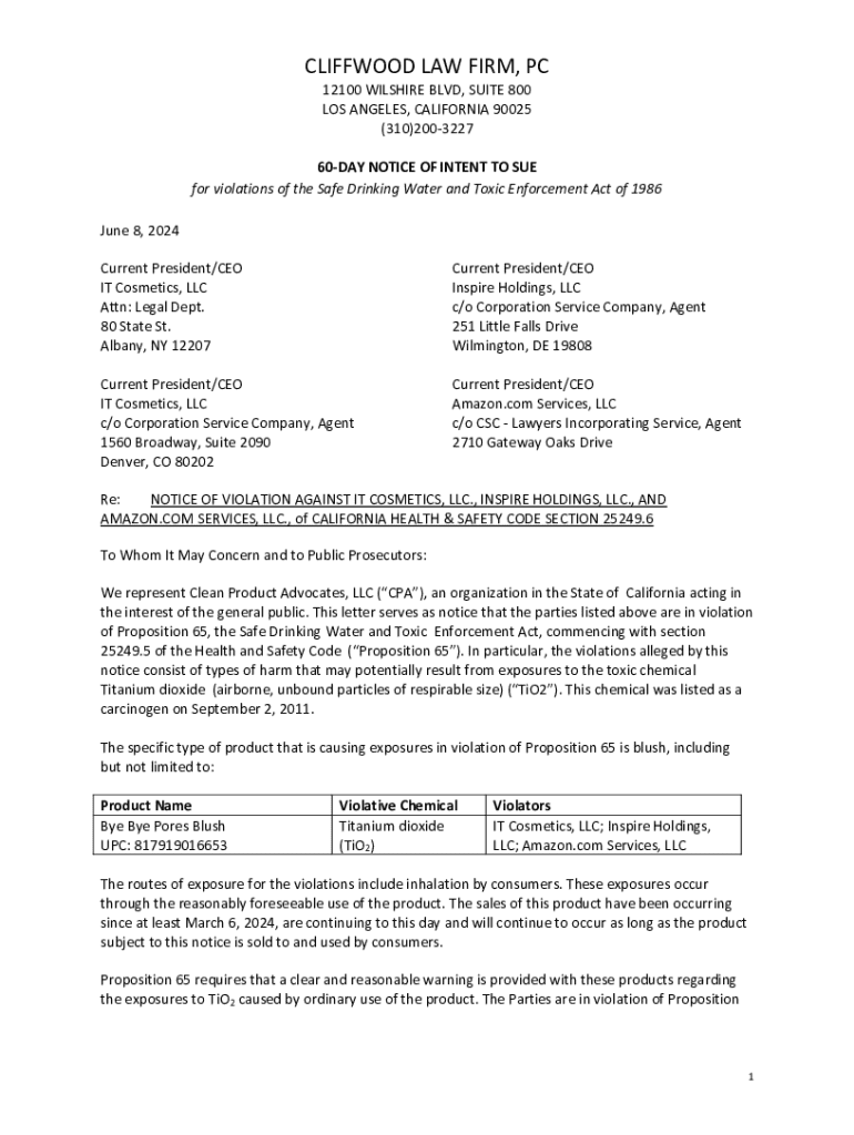 Fillable Online oag ca Notice of Violation Against Stater Bros. Markets, La Cadena ... Fax Email ...