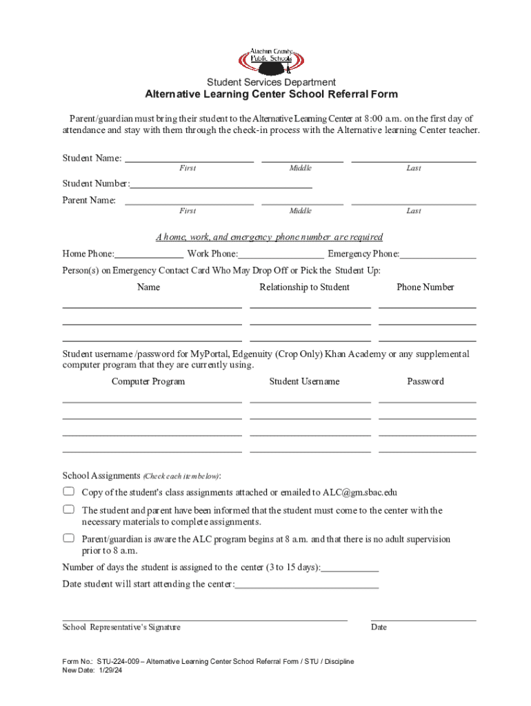 Fillable Online Alternative Learning Center School Referral Form Fax Email Print - pdfFiller