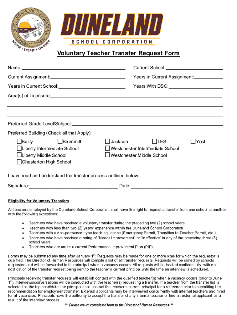 Fillable Online Voluntary Teacher Transfer Request Form Fax Email Print ...