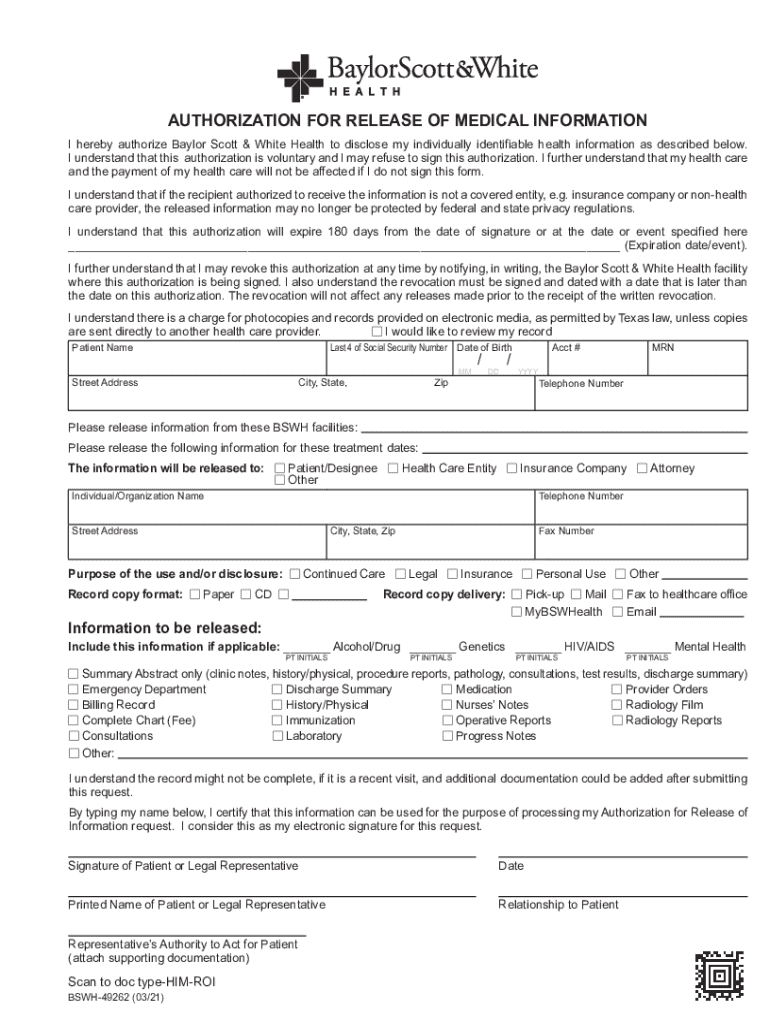 Fillable Online Authorization For Release of Medical Information BSWH ...