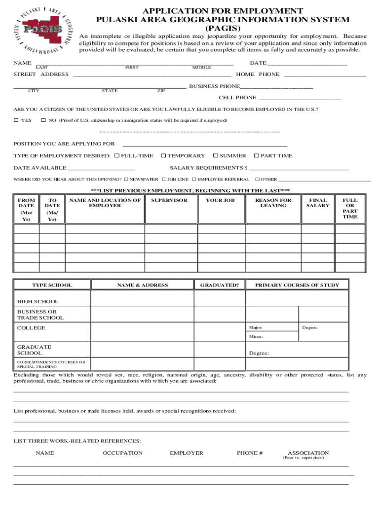 Fillable Online application for employment pulaski area geographic ...