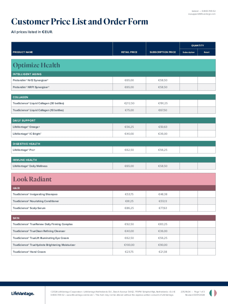 Fillable Online Customer Price List and Order Form - LifeVantage Fax ...