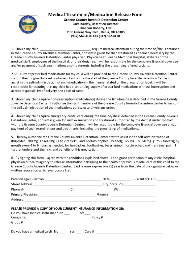 Fillable Online Medical Treatment/Medication Release Form - Greene ...