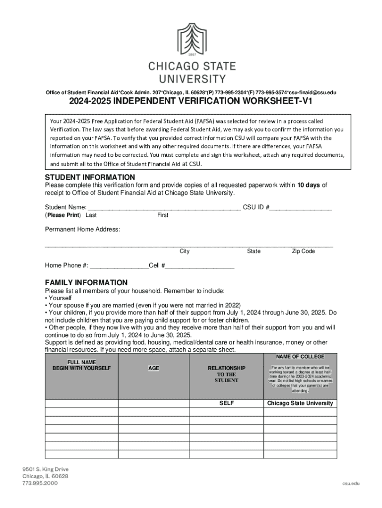 Fillable Online 2024-2025 INDEPENDENT VERIFICATION WORKSHEET- ... Fax Email Print - pdfFiller