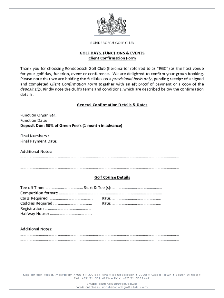 Fillable Online GOLF DAYS, FUNCTIONS & EVENTS Client Confirmation Form ...
