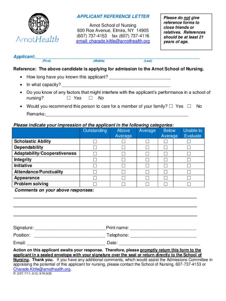 Fillable Online APPLICANT REFERENCE LETTER Arnot School of Nursing 600 ... Fax Email Print ...