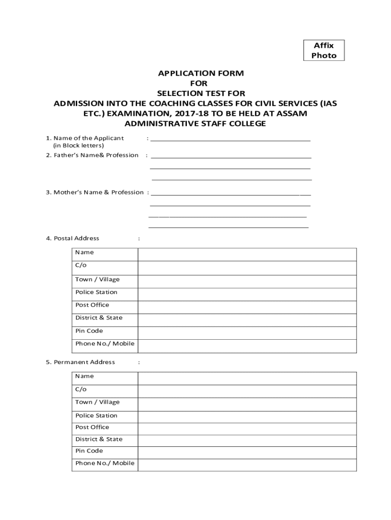 Fillable Online APPLICATION FORM FOR SELECTION TEST FOR ADMISSION ...