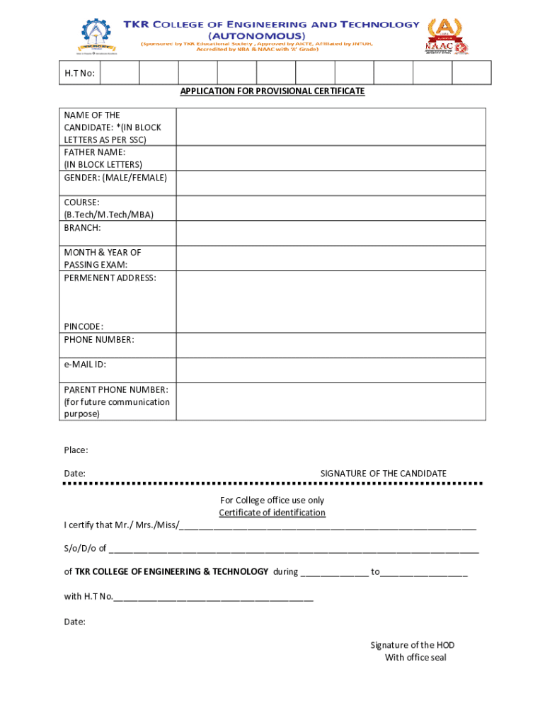 Fillable Online tkrcet ac H.T No: APPLICATION FOR PROVISIONAL ...