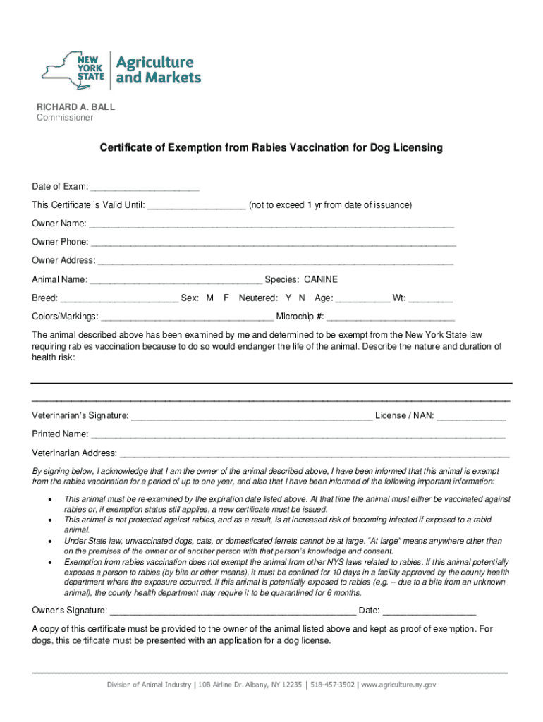 Fillable Online agriculture ny Certificate of Exemption from Rabies ...