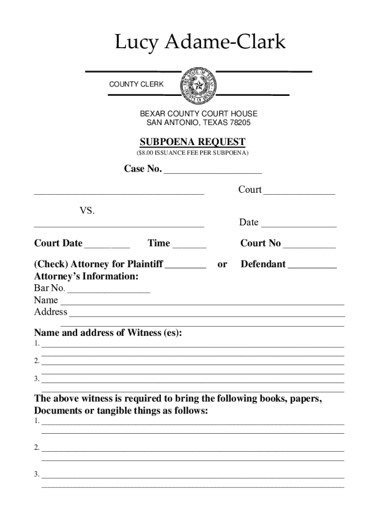 Fillable Online Subpoena Request Form, Bexar County District Clerk Fax ...