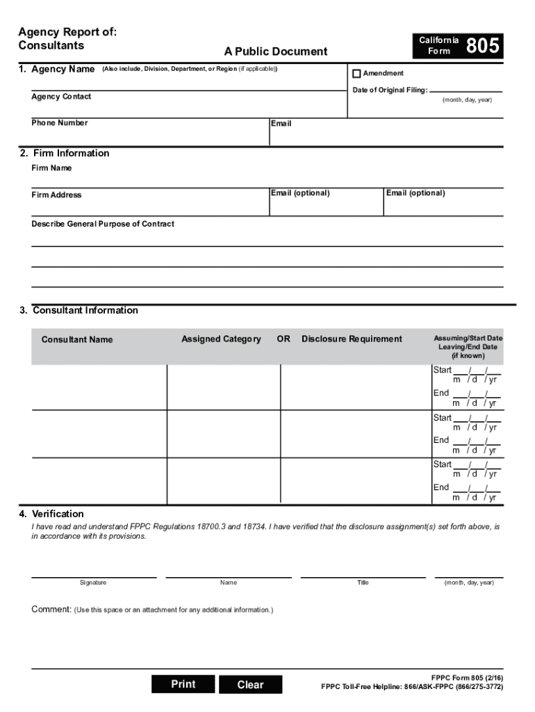 Fillable Online fppc ca CA Form 805 Fax Email Print - pdfFiller