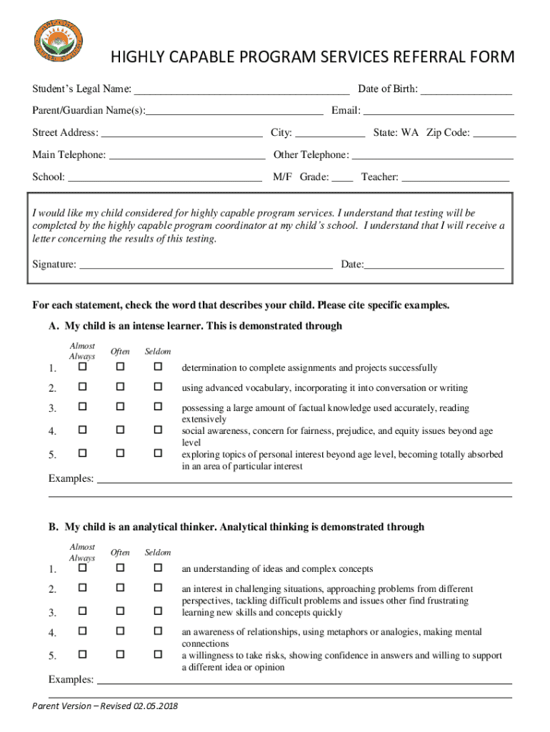 Fillable Online HIGHLY CAPABLE PROGRAM SERVICES REFERRAL FORM Fax Email Print - pdfFiller