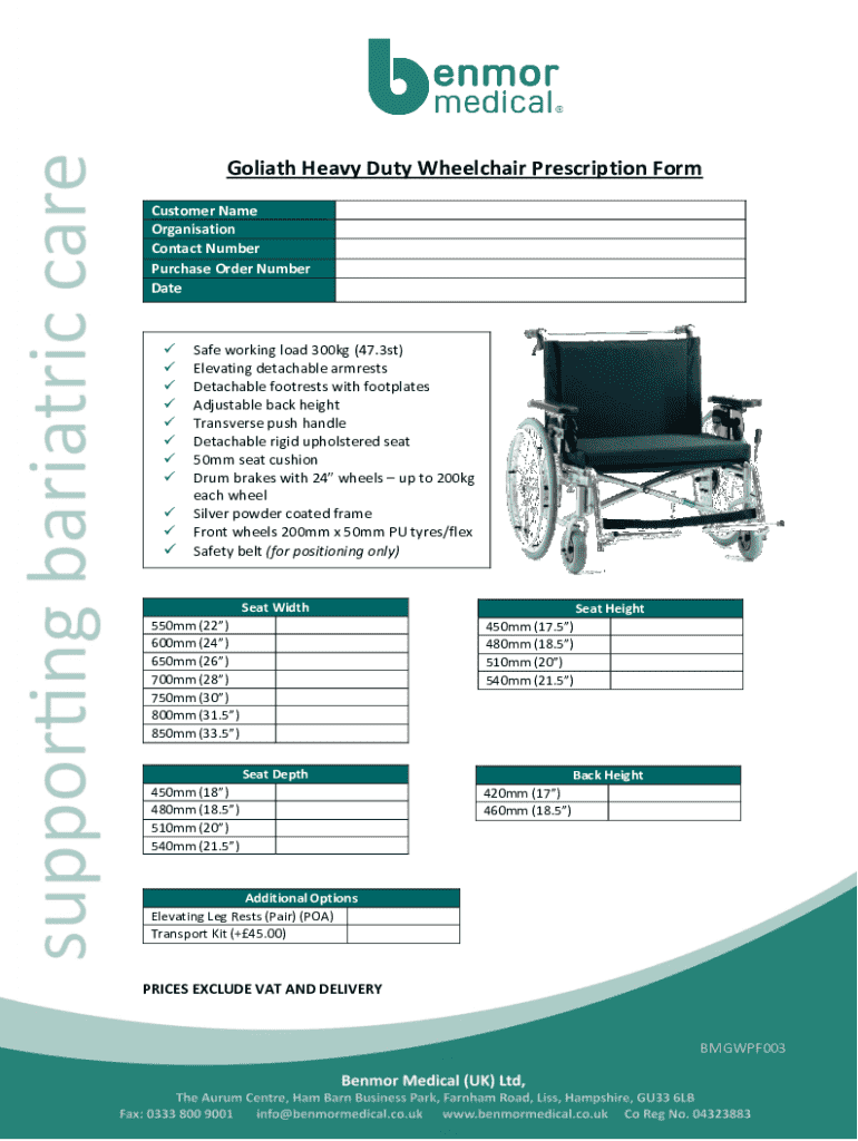 Fillable Online Goliath Heavy Duty Wheelchair Prescription Form Fax ...