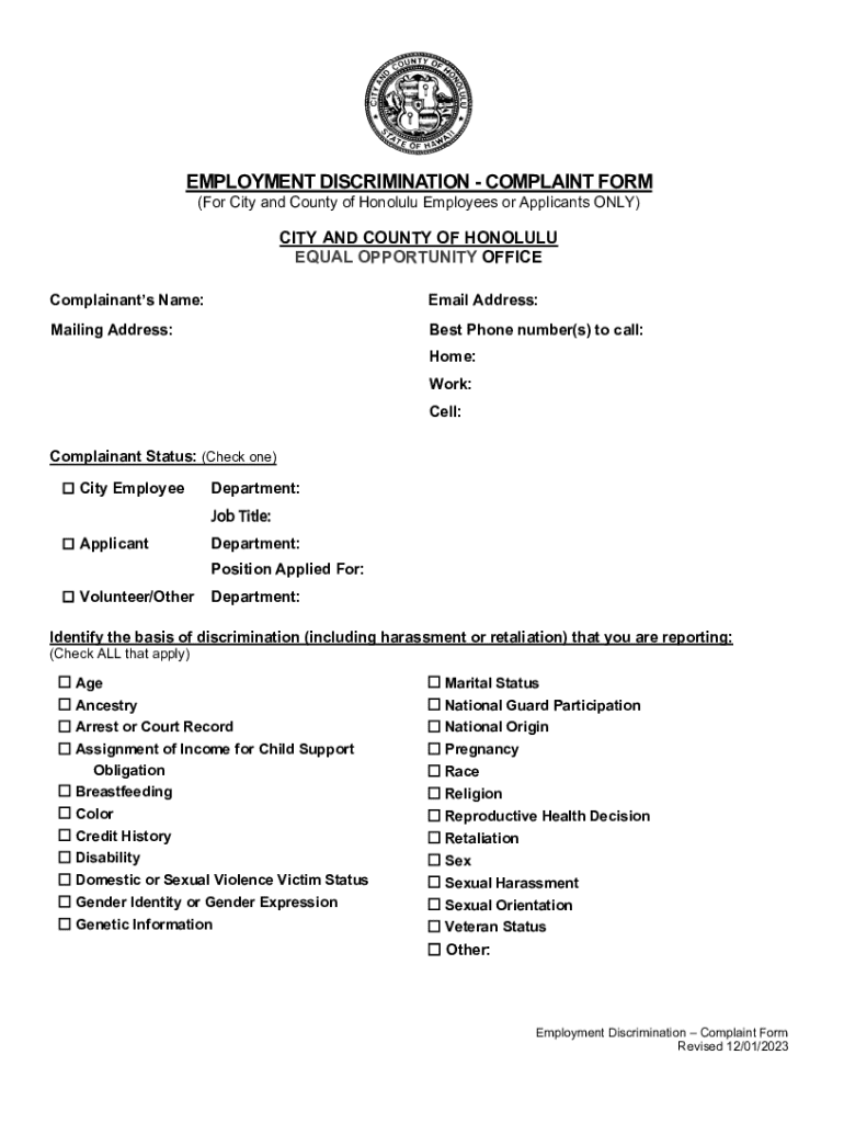 Fillable Online Employment Discrimination Form. Employment Complaint ...