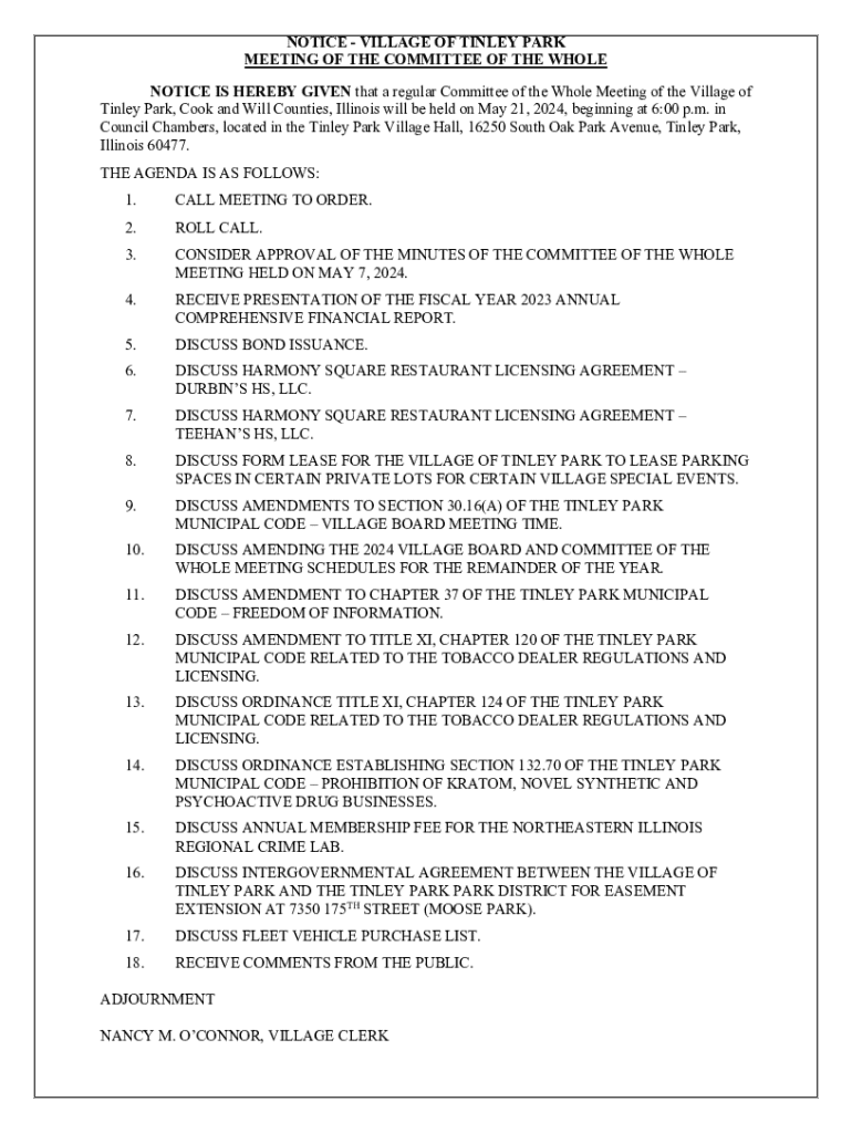 Fillable Online Tinley Park, Cook and Will Counties, Illinois will be ...