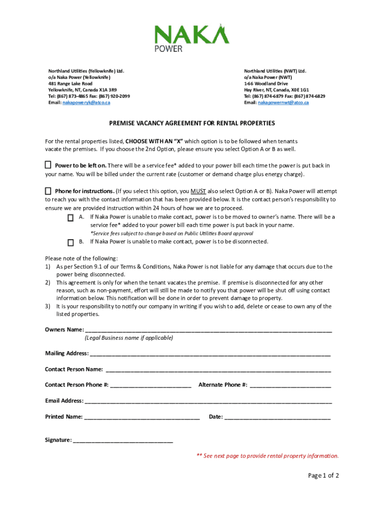Fillable Online Premise Vacancy Agreement for Rental Property Owners ...