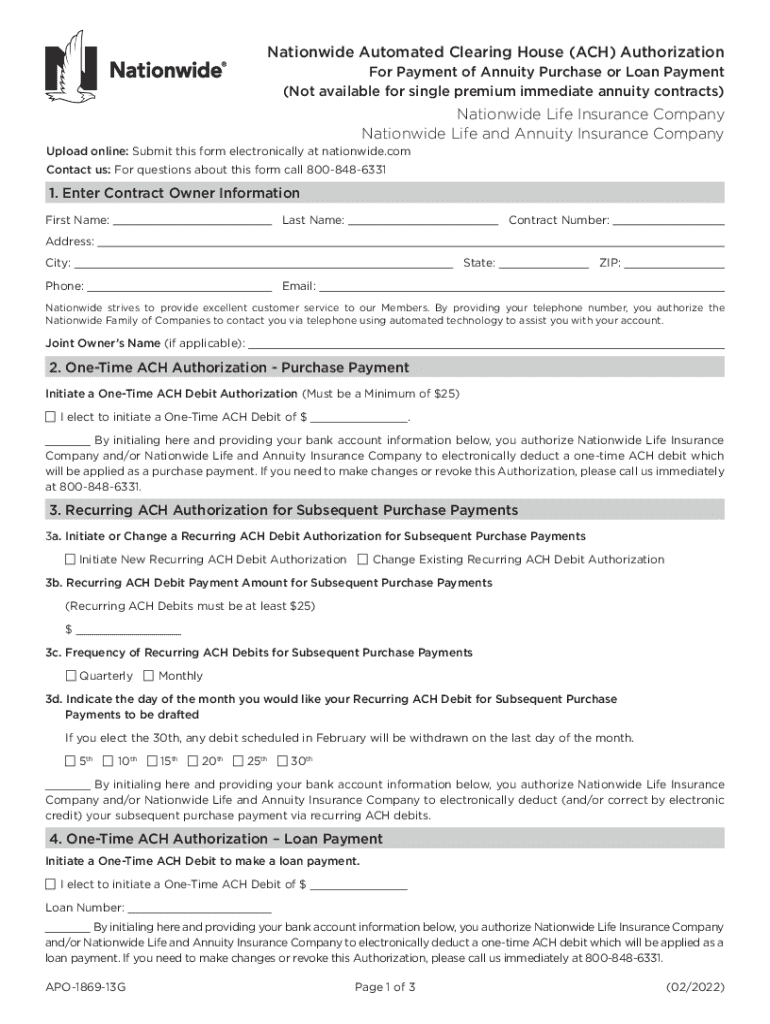 Fillable Online Nationwide Automated Clearing House (ACH) Authorization ...
