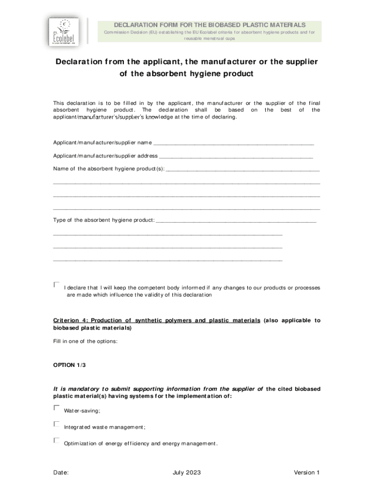 Fillable Online Declaration from the supplier of biobased plastic ...