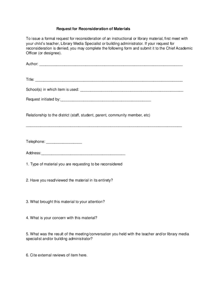Fillable Online To issue a formal request for reconsideration of an instructional or library ...