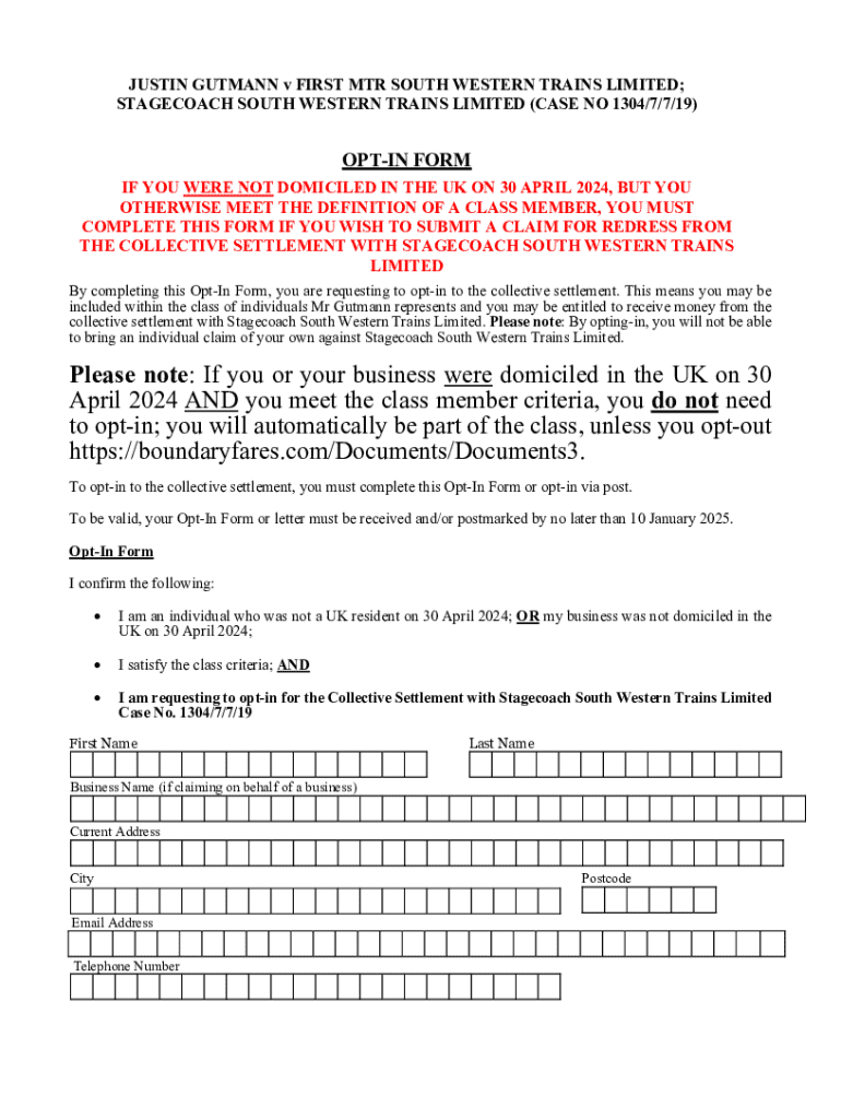 Fillable Online Settlement Agreement - Stagecoach South Western Trains ...