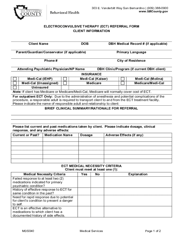 Fillable Online ELECTROCONVULSIVE THERAPY (ECT) REFERRAL FORM ... Fax Email Print - pdfFiller