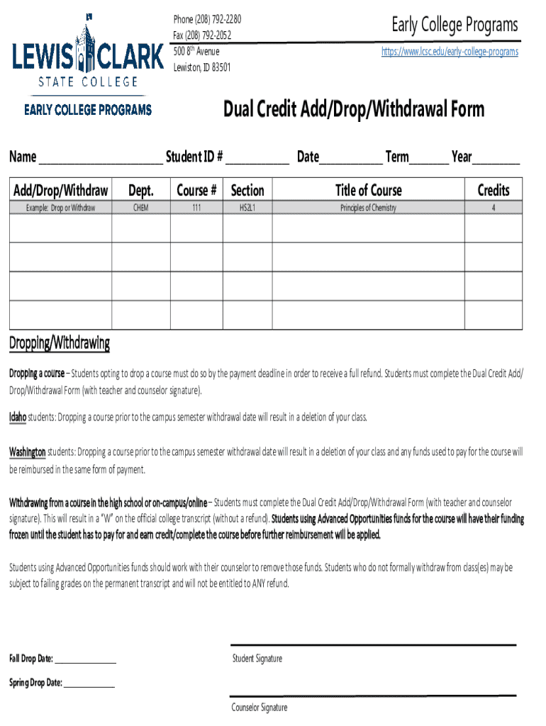 Fillable Online Dual Credit Add/Drop/Withdrawal Form Fax Email Print - pdfFiller