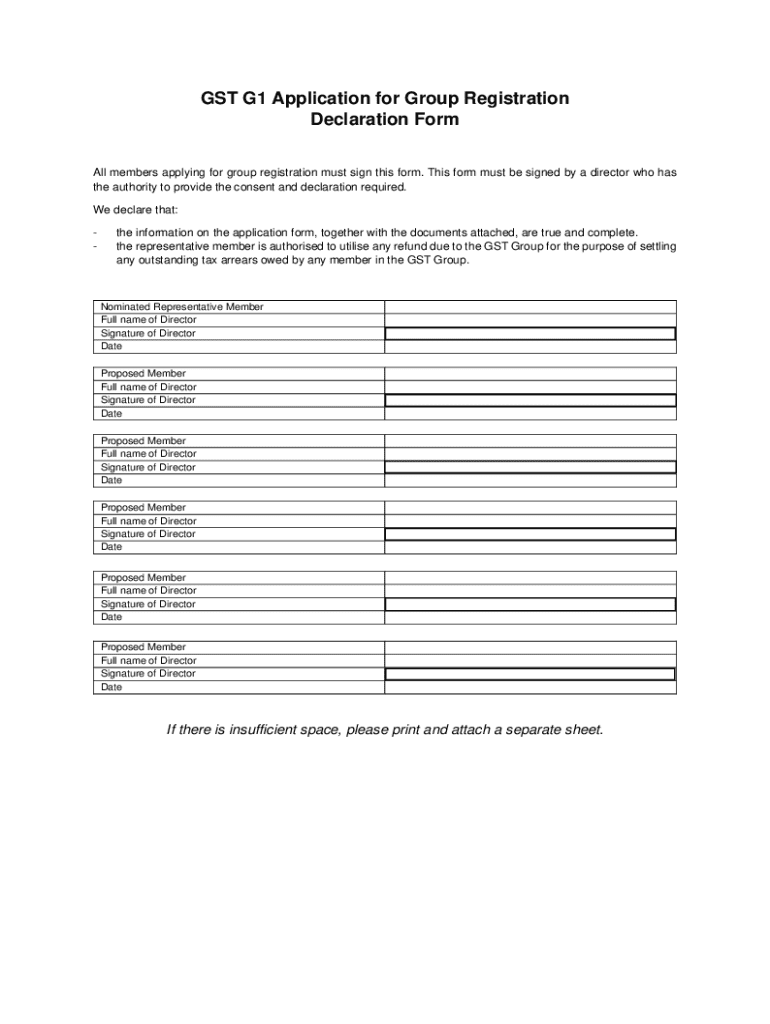 Fillable Online GST G1 Application for Group Registration Declaration ...