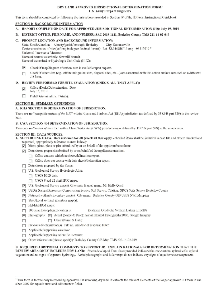 Fillable Online SAC-2019-01121 Ridge Church Road. Approved Jurisdictional Determination Form Fax ...
