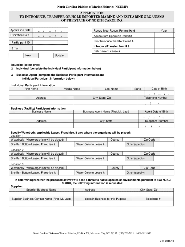 Fillable Online application to introduce, transfer or hold imported ...
