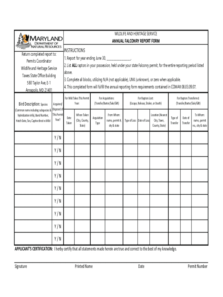 Fillable Online dnr maryland Annual Falconry Report Form. Annual ...