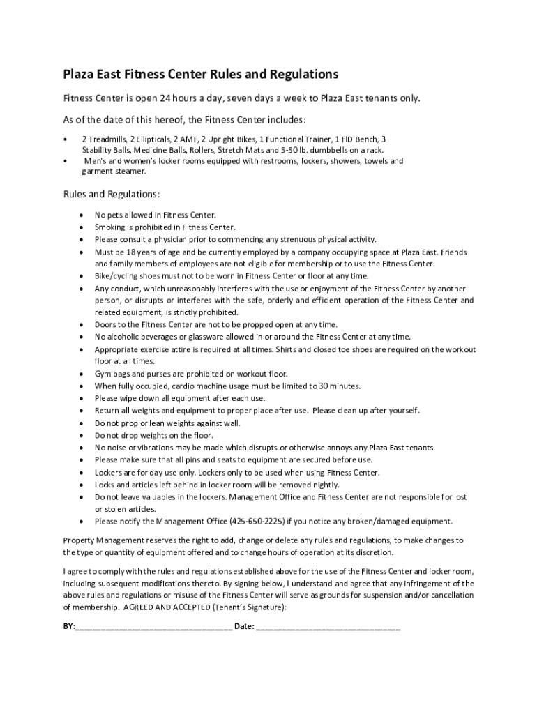 Fillable Online Approved Plaza East Fitness Center Rules and ...