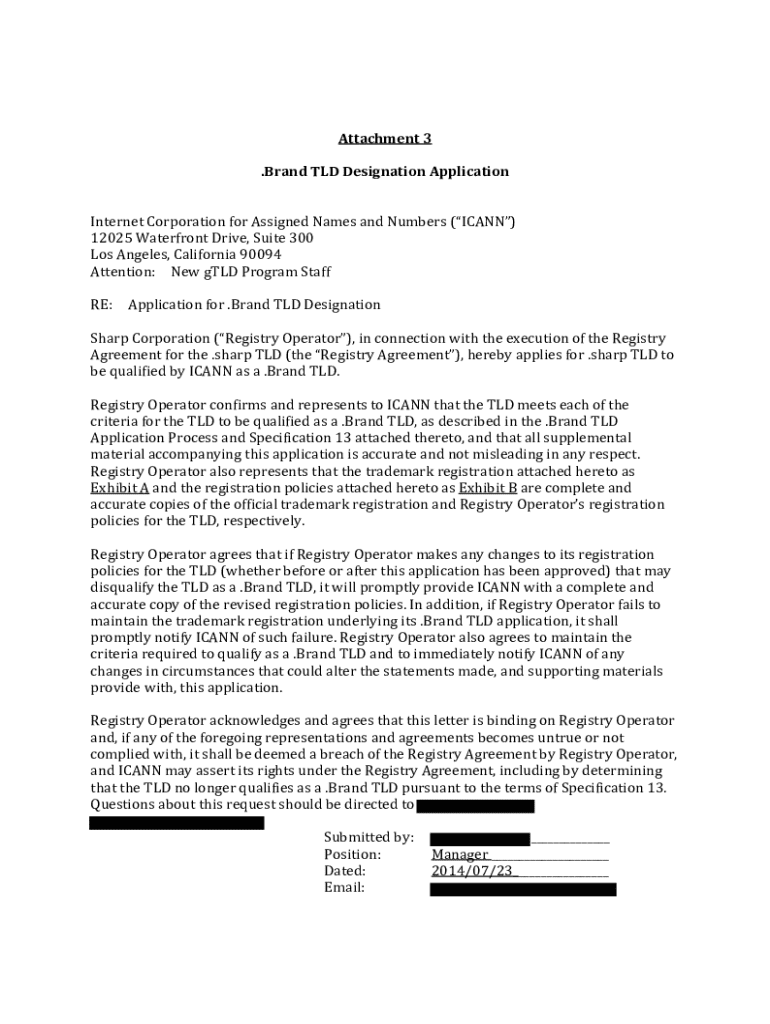 Fillable Online Attachment 3 .Brand TLD Designation Application ...