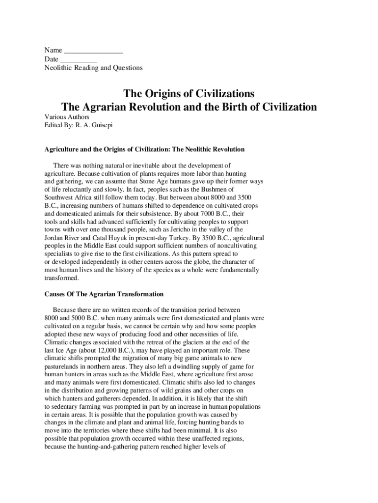 Fillable Online The Origins of Civilizations The Agrarian Revolution ...