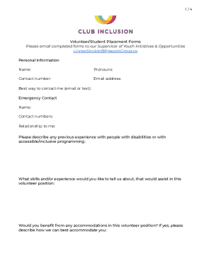 Fillable Online Club Inclusion Volunteer / Student Placement Forms Fax ...