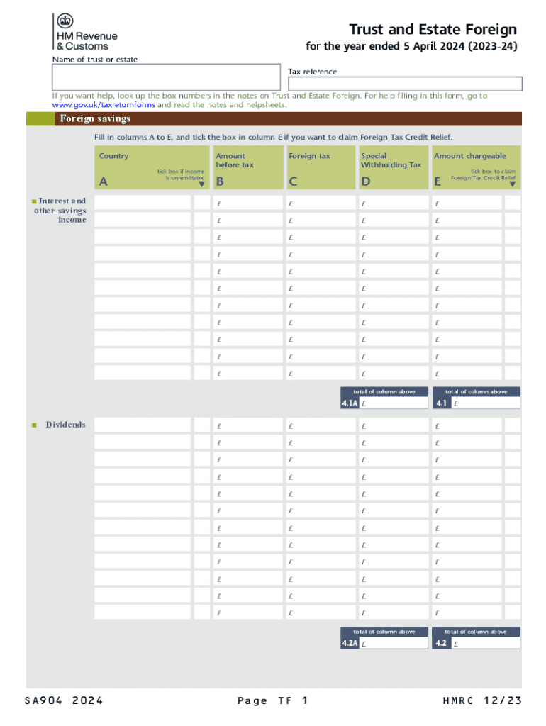 Fillable Online Self Assessment: Trust and Estate Foreign (SA904) Fax ...