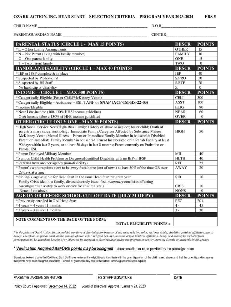 Fillable Online HEAD START SELECTION CRITERIA PROGRAM YEAR 2023-2024 ...