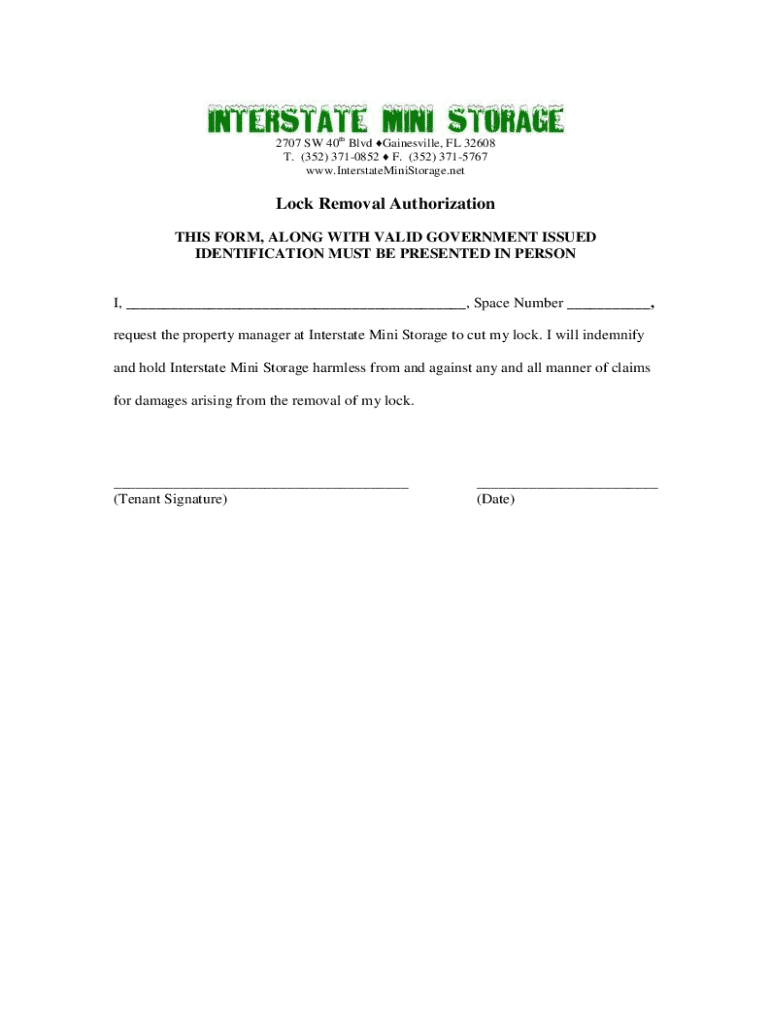 Fillable Online Lock Removal Authorization Form Fax Email Print - pdfFiller