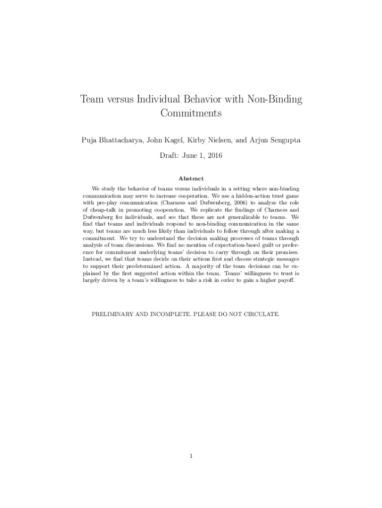 Fillable Online Team versus Individual Behavior with Non-Binding ...