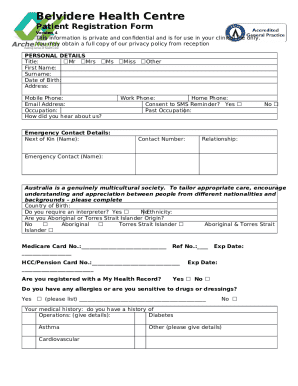 Belvidere Health Centre Patient Registration Doc Template | pdfFiller