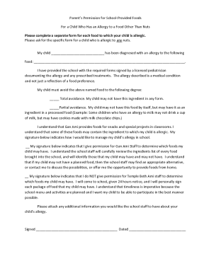 Fillable Online Parent's Permission for School-Provided Foods For a ...