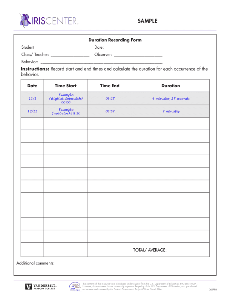 Fillable Online iris peabody vanderbilt Duration Recording Form Student ...