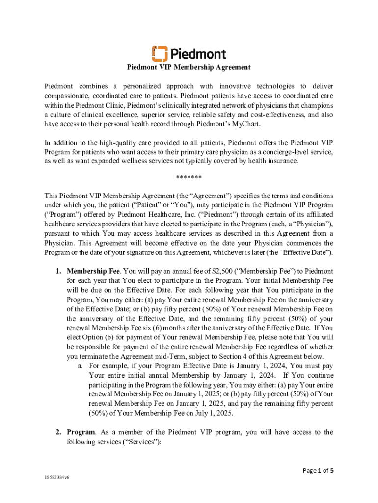 Fillable Online Piedmont VIP Membership AgreementPiedmont. Piedmont VIP ...