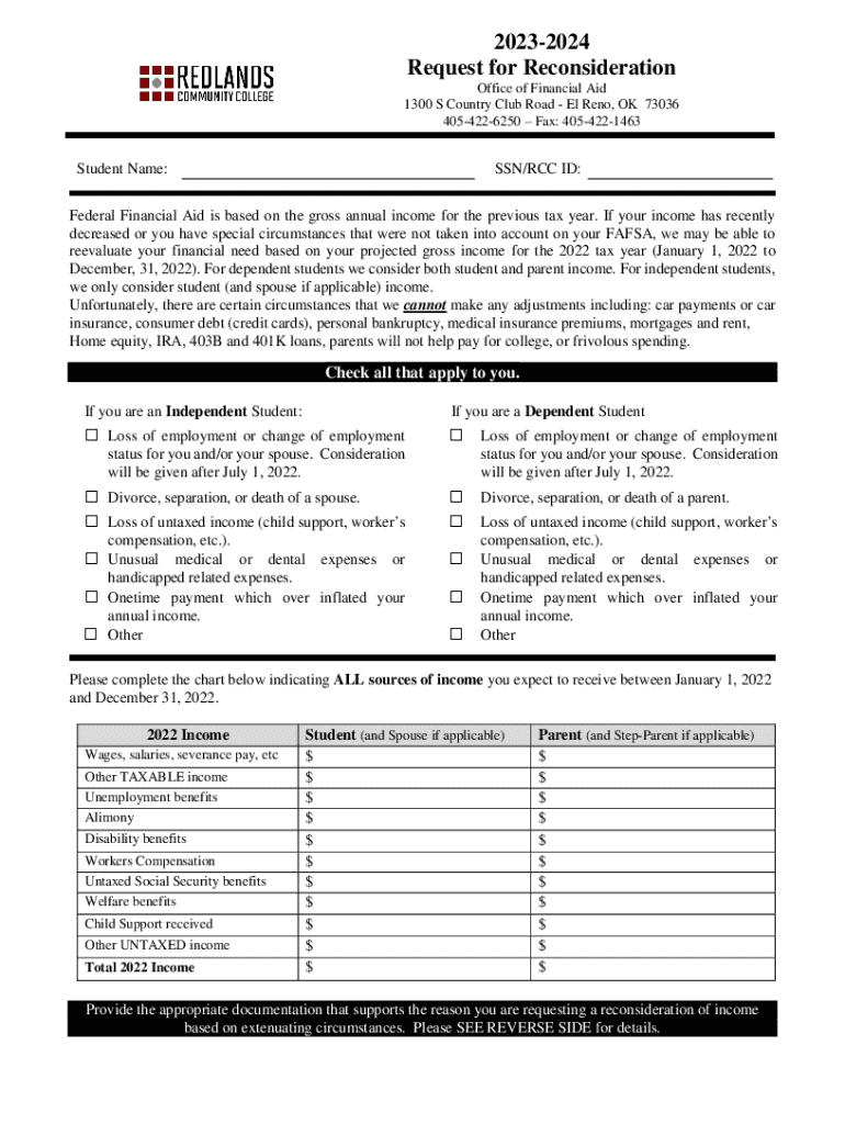 Fillable Online 2023-2024 Institutional Aid Reconsideration Request ...