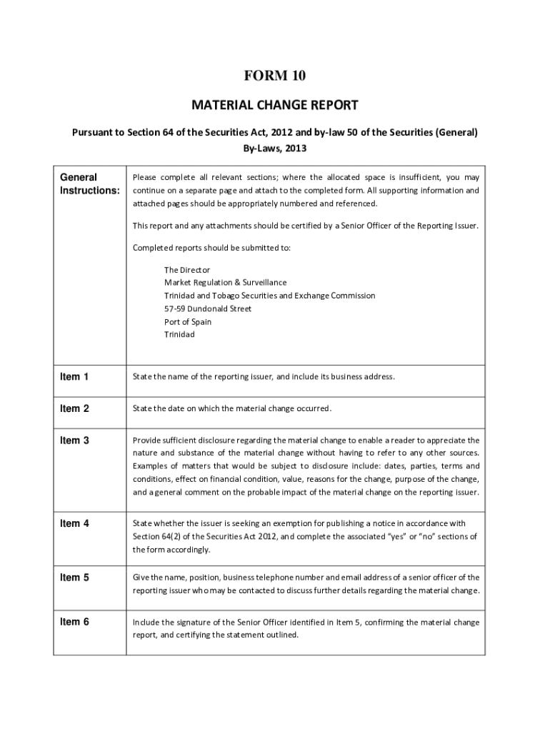Fillable Online form 10 - material change report las creemid tear Fax Email Print - pdfFiller