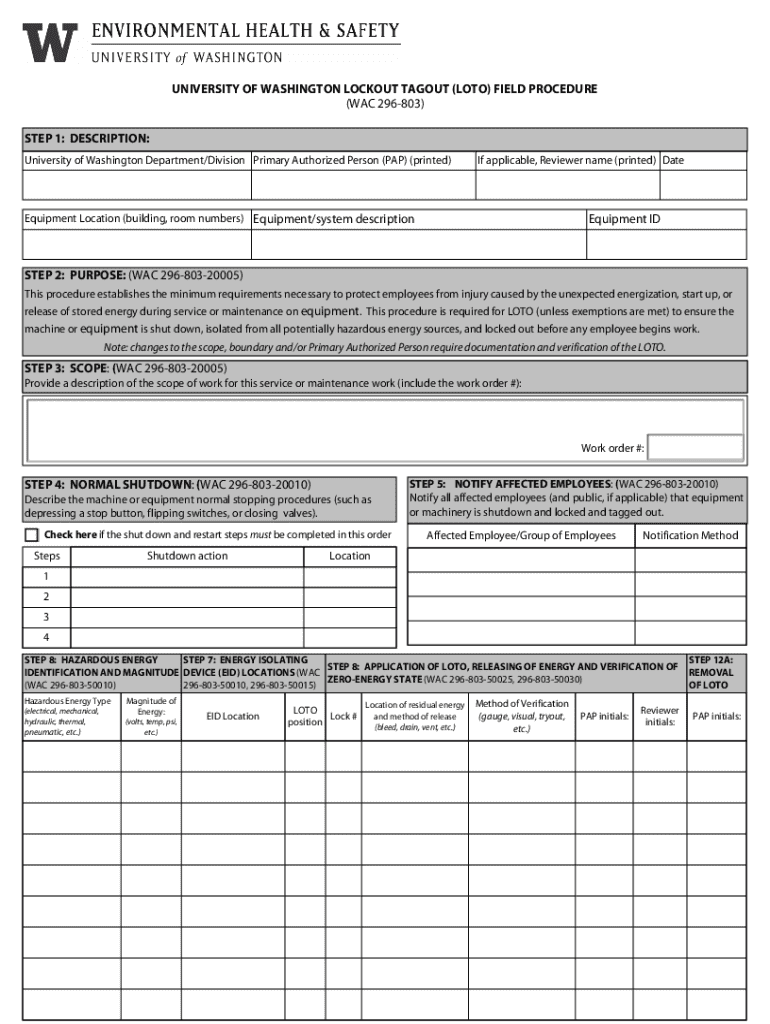 Fillable Online ehs washington Lockout/Tagout Hazardous Energy Control ...