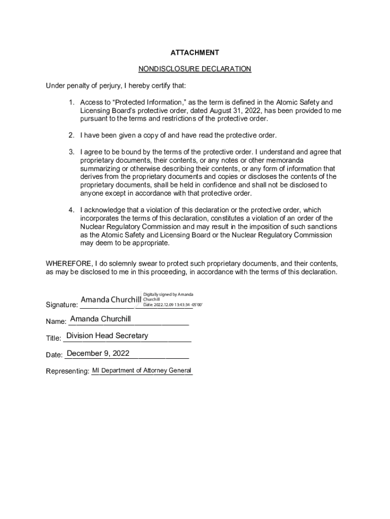 Fillable Online Nondisclosure Declaration of Amanda Churchill, MI Dept ...