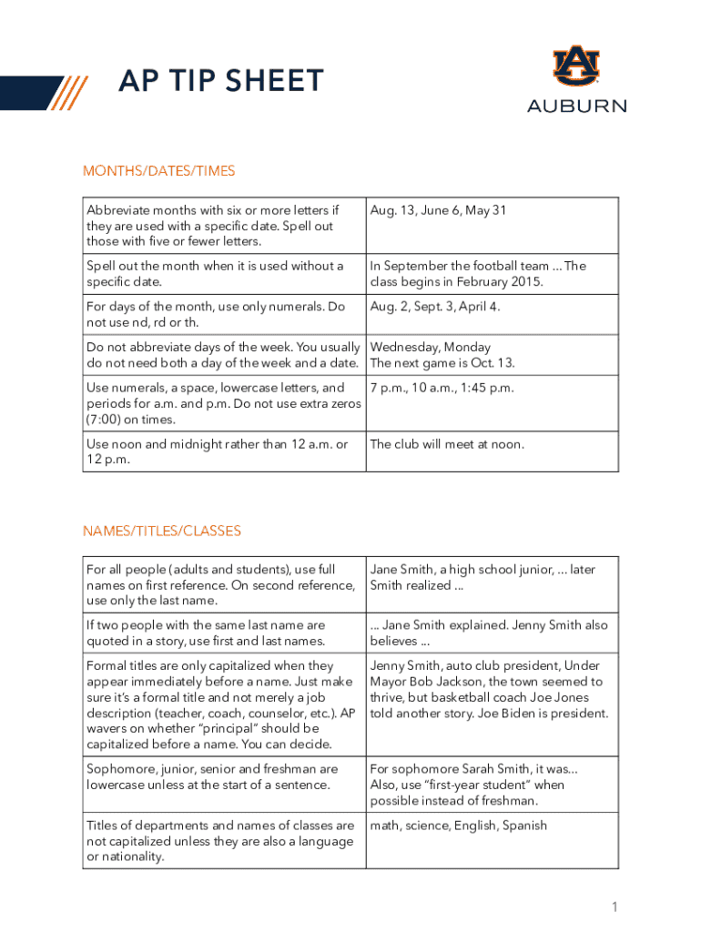 Fillable Online AP Style Guide Cheat Sheet - Chester County ...
