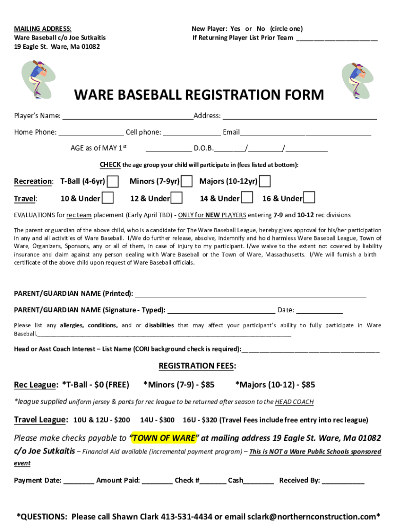 Fillable Online WARE BASEBALL REGISTRATION FORM Fax Email Print - pdfFiller