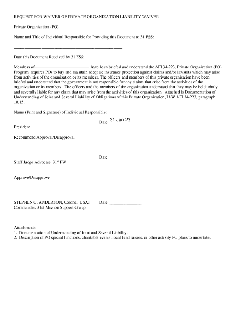 Fillable Online request for waiver of private organization liability waiver Fax Email Print ...