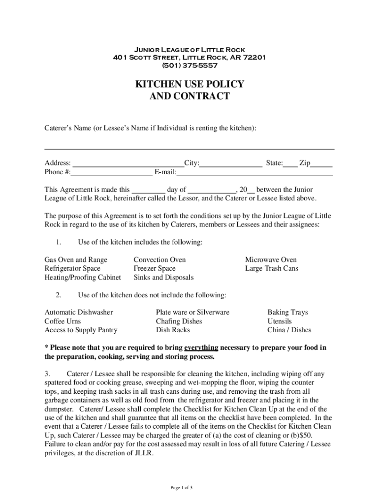 Fillable Online Fillable Online jllr KITCHEN USE POLICY AND CONTRACT ...